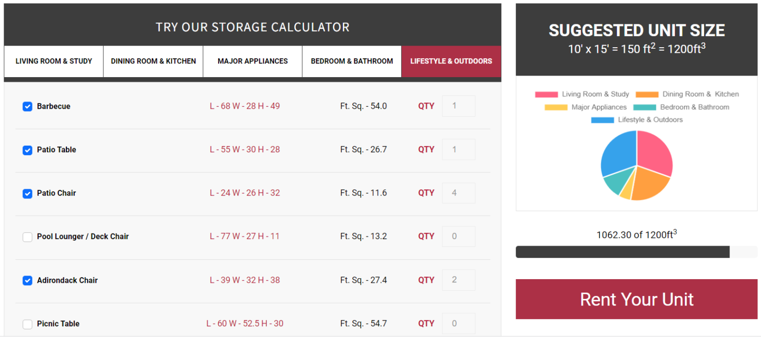 Storage calculator screen capture | Drayton Valley Storage